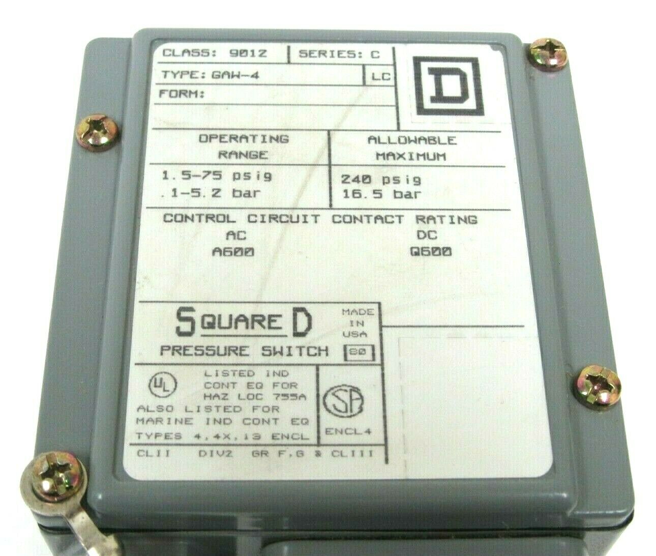 NEW SQUARE D 9012-GAW-4 PRESSURE SWITCH SER.C 9012GAW4 - SB Industrial ...
