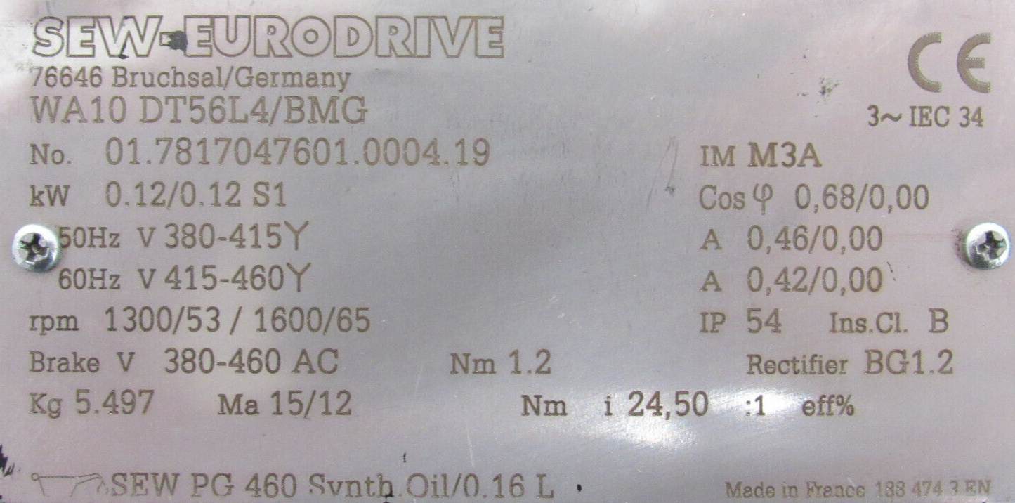REFURBISHED SEW EURODRIVE WA10 DT56L4/BMG GEARMOTOR 24.50:1 ...