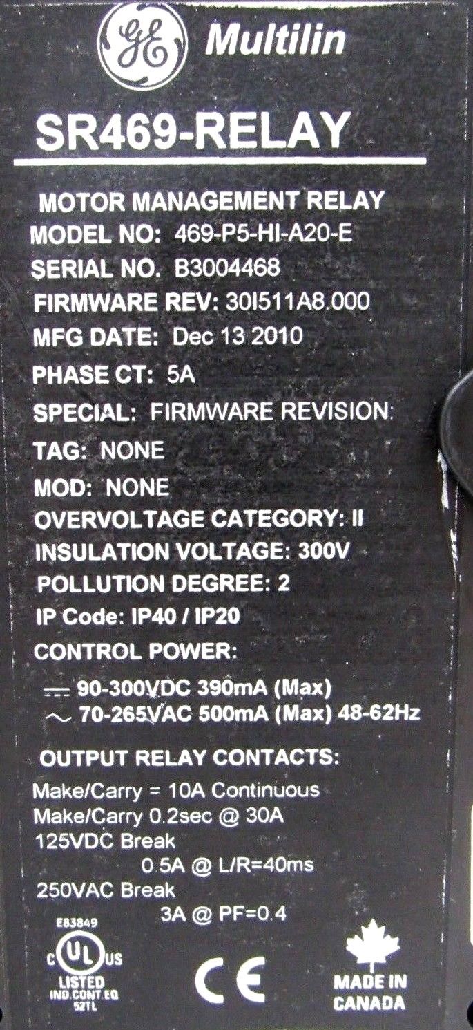 USED GENERAL ELECTRIC SR469-RELAY MOTOR MANAGEMENT RELAY SR469RELAY ...