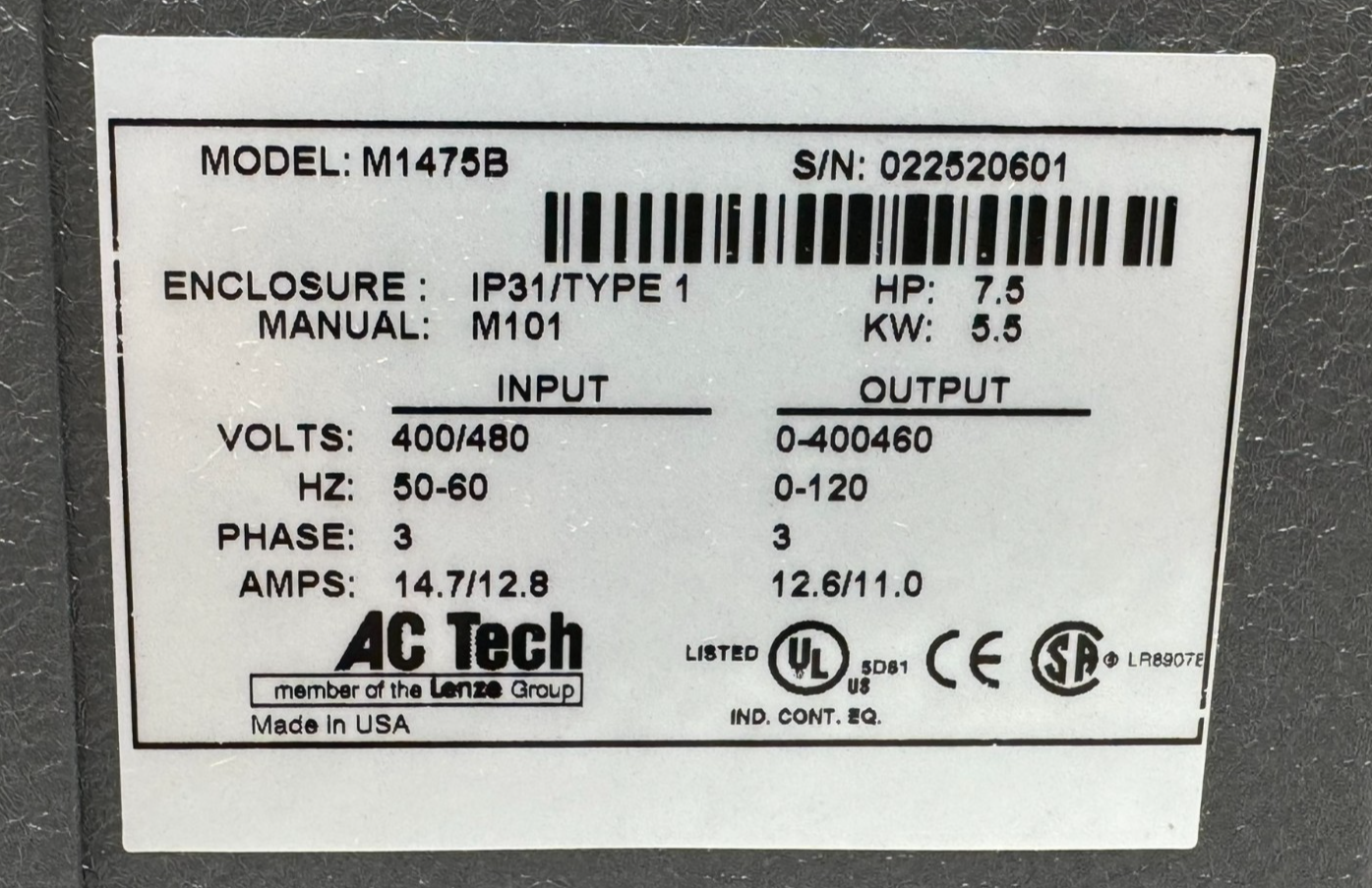 NEW AC TECH LENZE M1475B VARIABLE SPEED DRIVE 7.5HP - SB Industrial ...