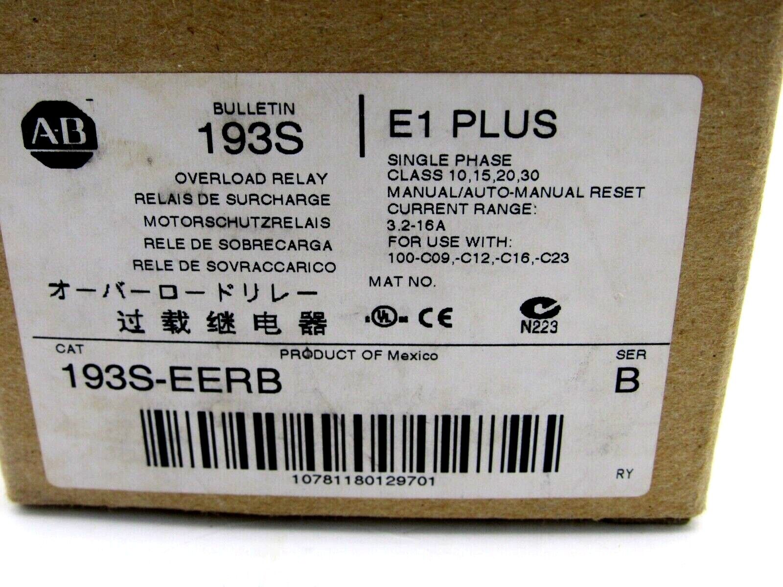 NEW ALLEN BRADLEY 193S-EERB OVERLOAD RELAY E1 PLUS SINGLE PHASE SER. B ...