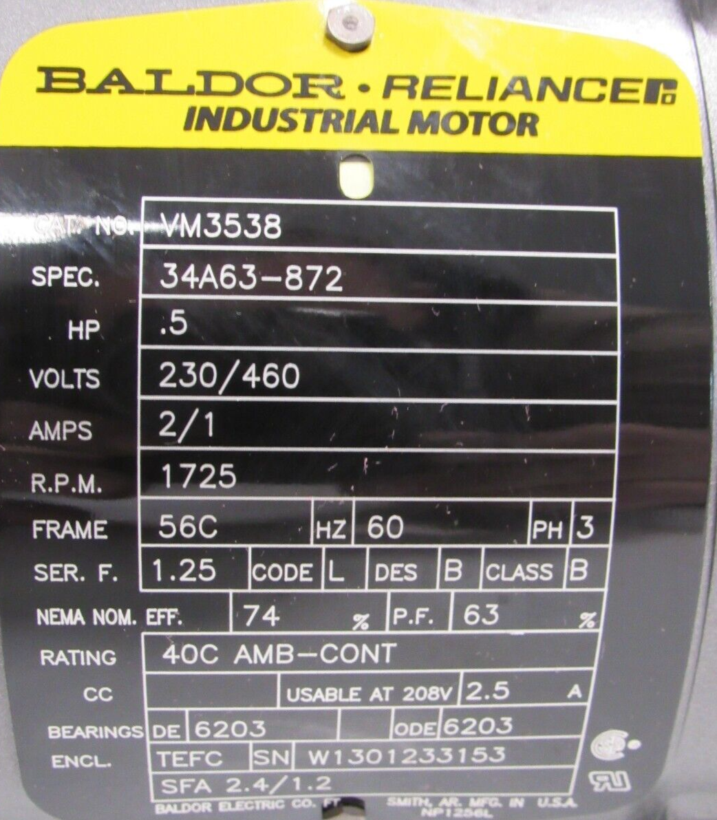 NEW BALDOR 20Q40L56 GEAR MOTOR 40:1 VM3538 .5HP 230/460V - SB ...