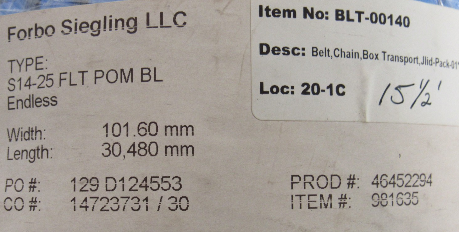NEW FORBO SIEGLING 46452294 CONVEYOR BELT 4"x15-1/2FT S14-25 981635 ...