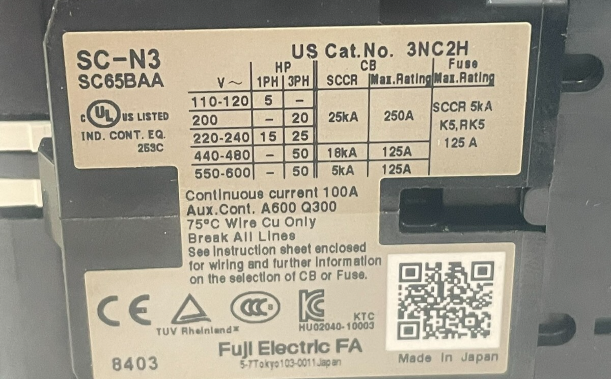 NEW FUJI ELECTRIC SC-N3 MAGNETIC CONTACTOR COIL 100V 50/60HZ SCN3 - SB ...