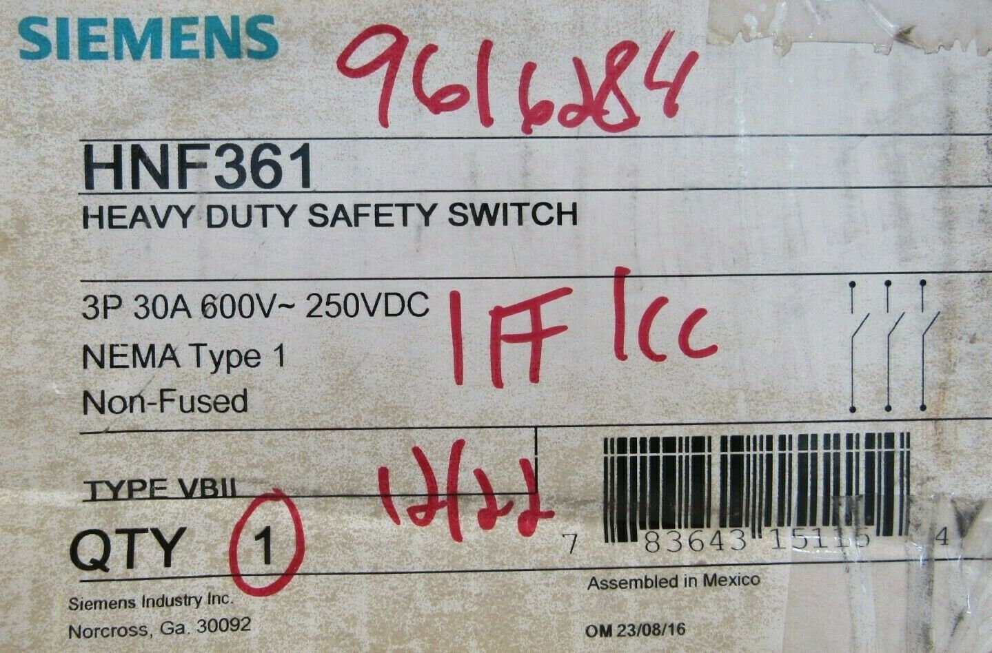 NEW SIEMENS HNF361 SAFETY SWITCH 30A 600V 3P - SB Industrial Supply, Inc.