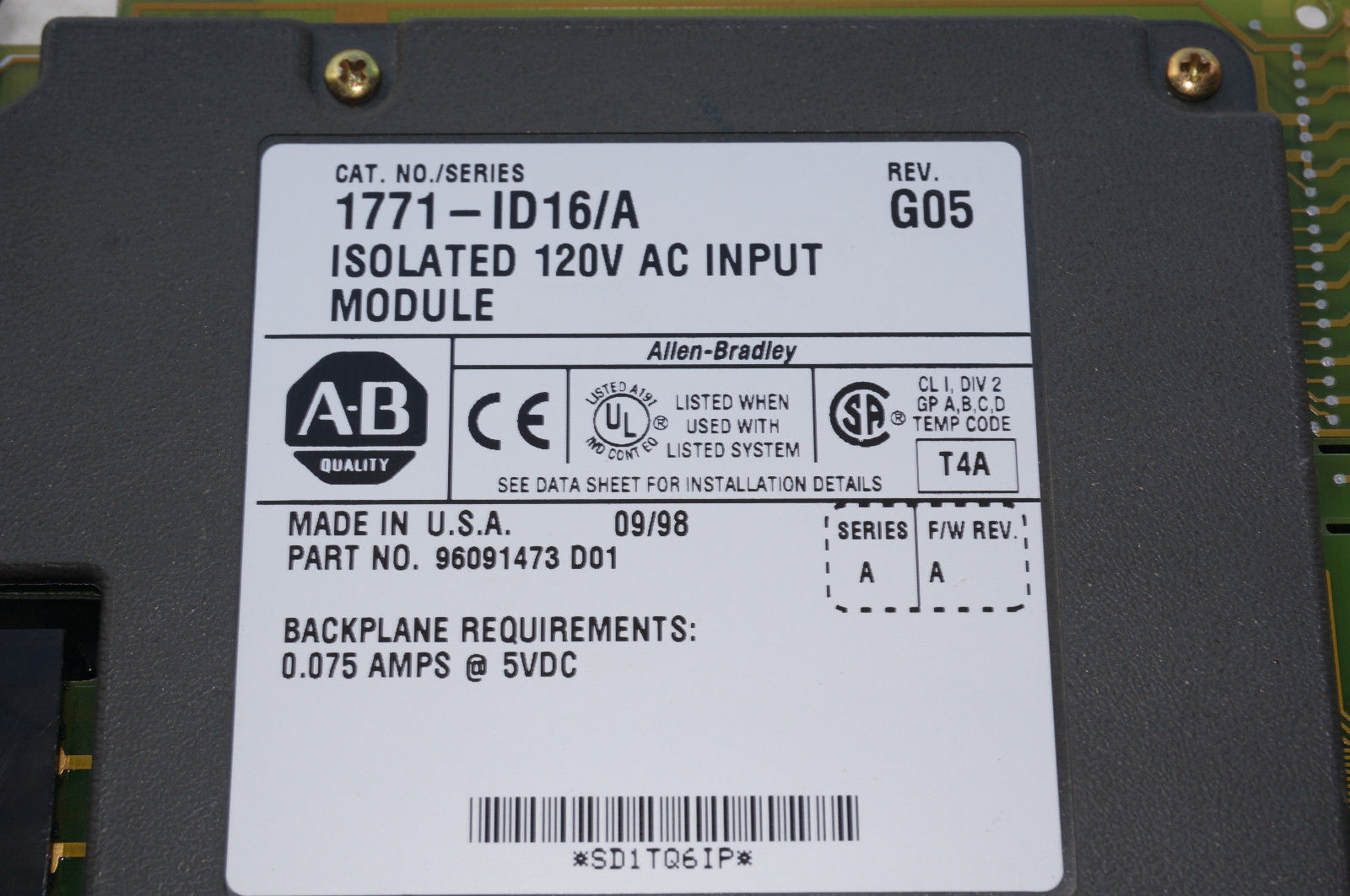 ALLEN BRADLEY 1771-ID16/A I INPUT MODULE 1771ID16A - SB Industrial ...