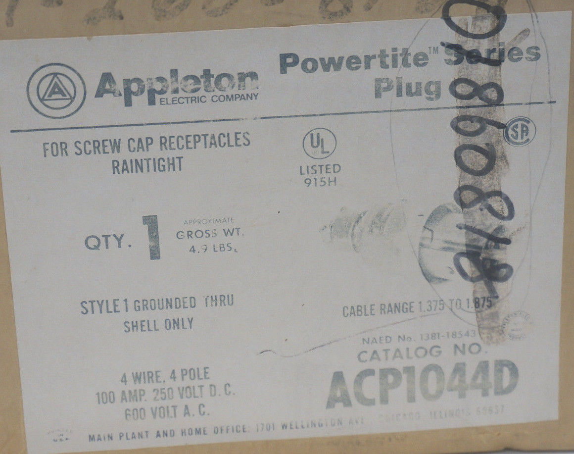 NEW APPLETON ACP1044D POWERLITE SERIES PLUG 4 POLE, 100A, 250VDC ...
