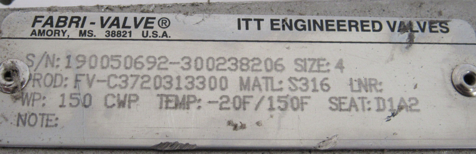 NEW ITT FABRI-VALVE FV-C3720313300 GATE VALVE 4" FVC3720313300 - SB ...