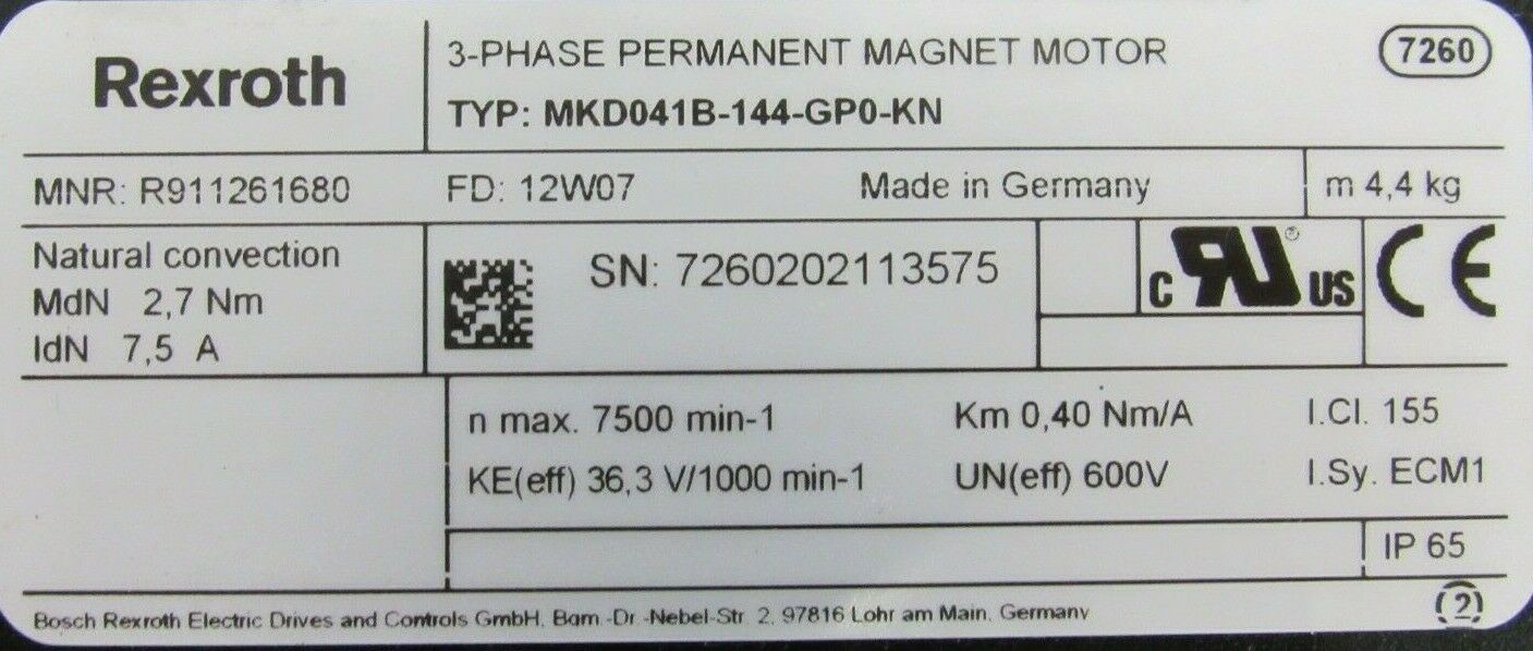 NEW REXROTH R911261680 SERVO MOTOR MKD041B-144-GP0-KN - SB Industrial ...