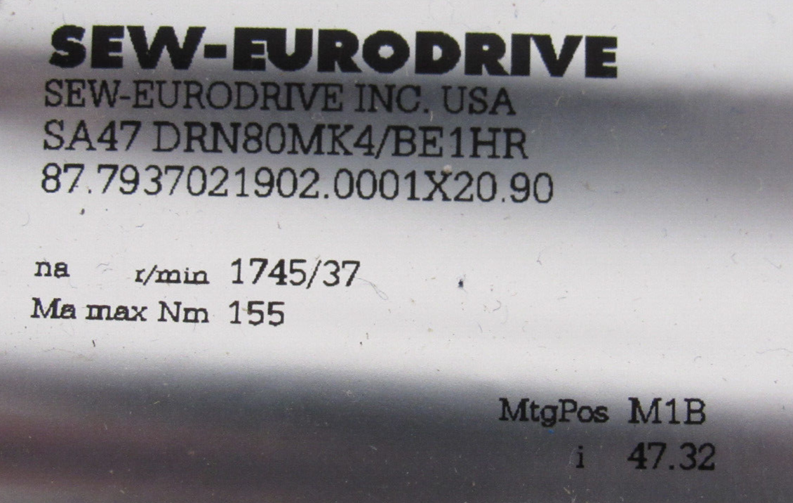 NEW SEW EURODRIVE SA47 DRN80MK4/BE1HR GEARMOTOR 47.32 230/460V ...