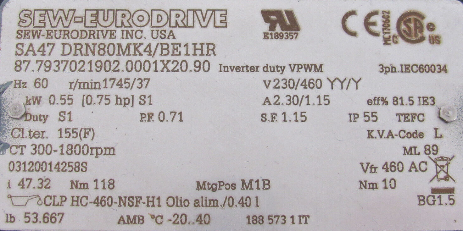 NEW SEW EURODRIVE SA47 DRN80MK4/BE1HR GEARMOTOR 47.32 230/460V ...