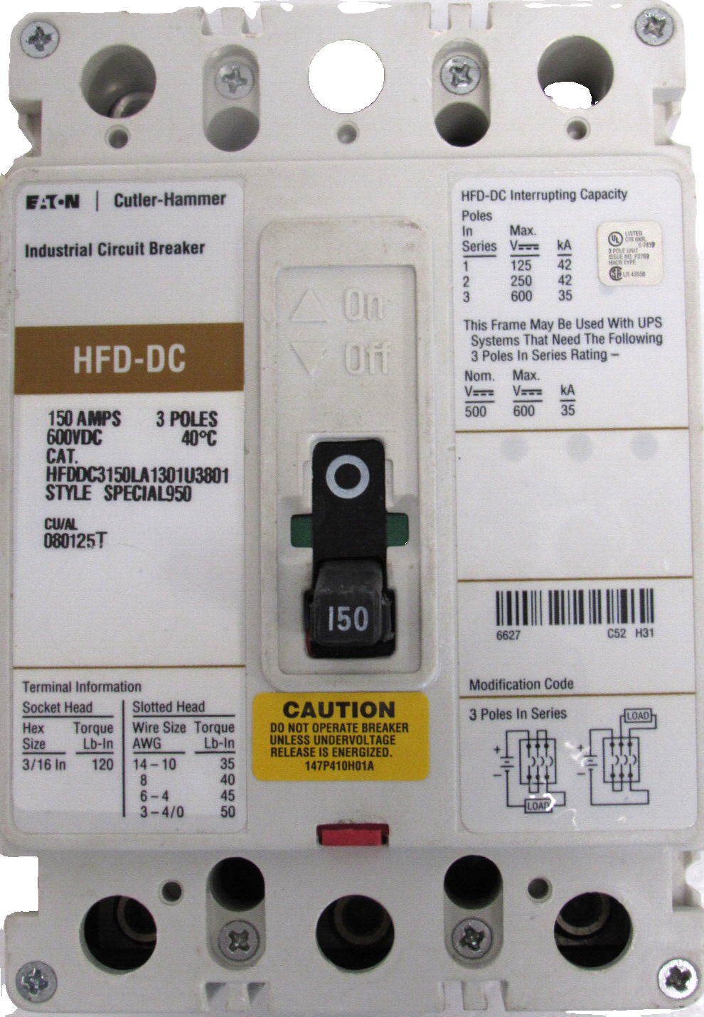 USED CUTLER HAMMER HFDDC3150LA1301U3801 CIRCUIT BREAKER HFD-DC 150A ...