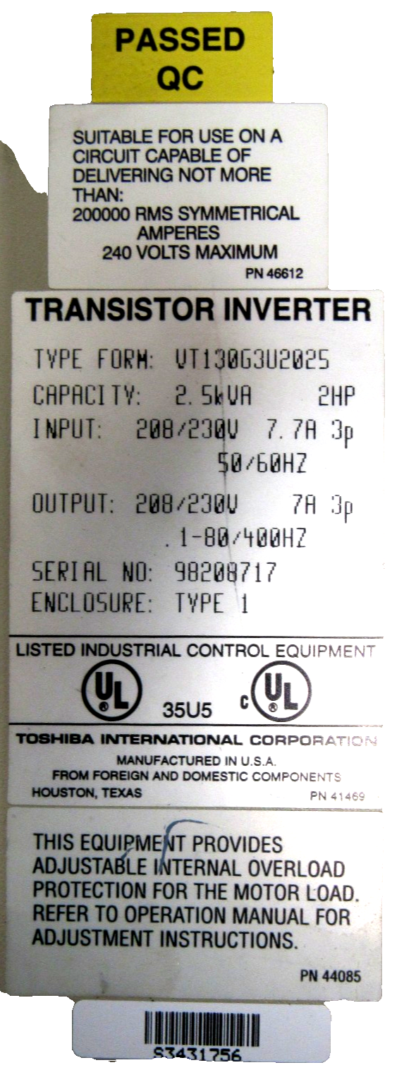 USED TOSHIBA VT130G3U2025 TRANSISTOR INVERTER G3 TOSVERT-130 2HP - SB ...