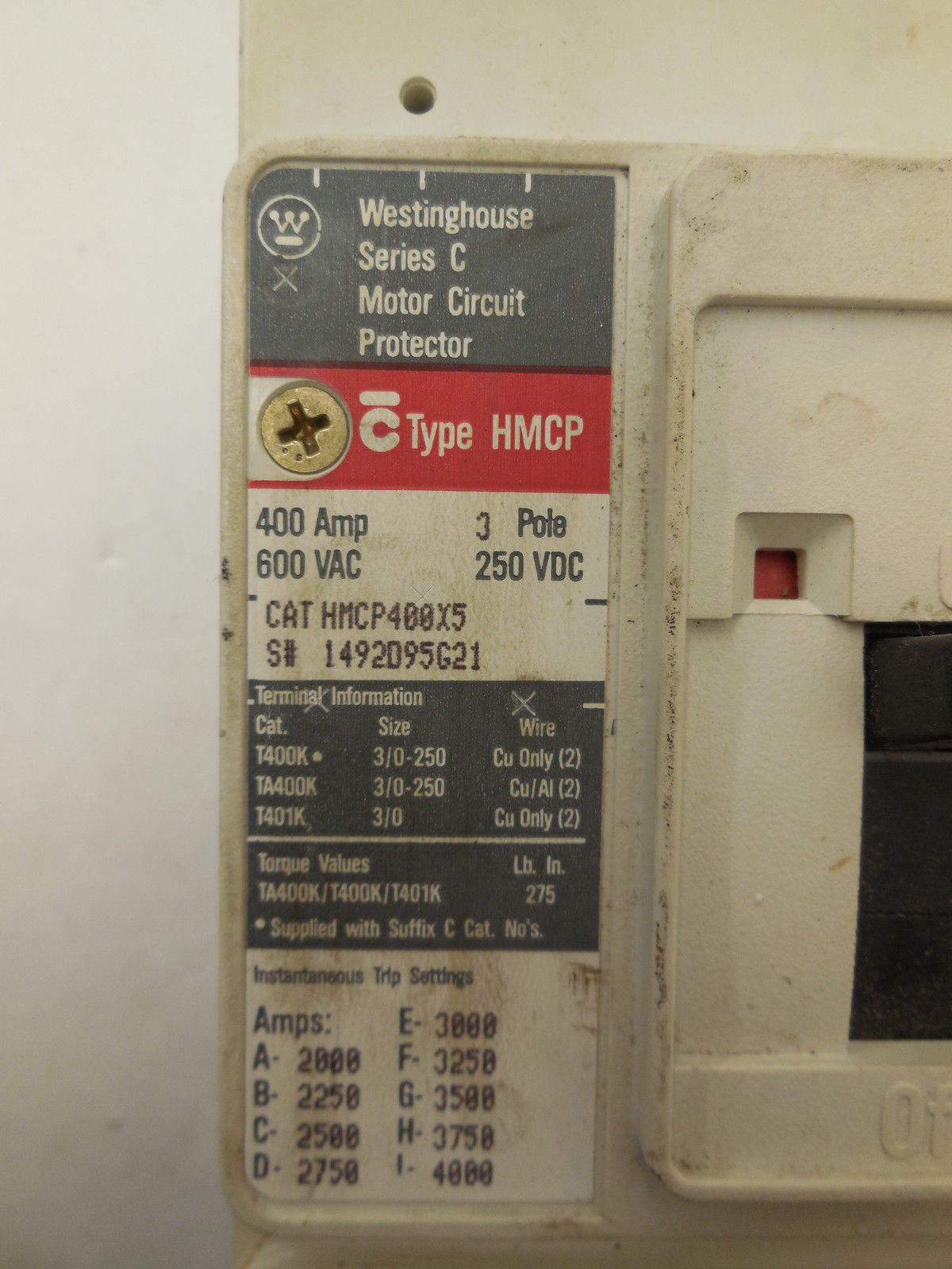 USED WESTINGHOUSE HMCP400X5 CIRCUIT BREAKER - SB Industrial Supply, Inc.