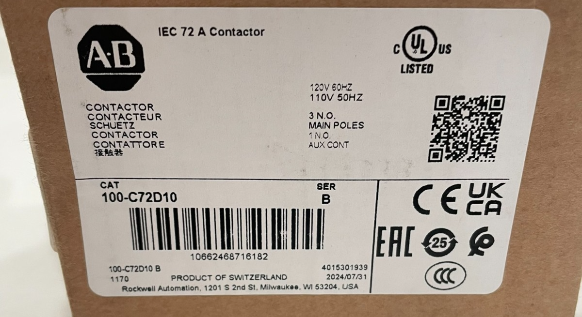 ALLEN BRADLEY 100-C72D10 CONTACTOR SER. B 100C72D10 NEW, SURPLUS - SB ...