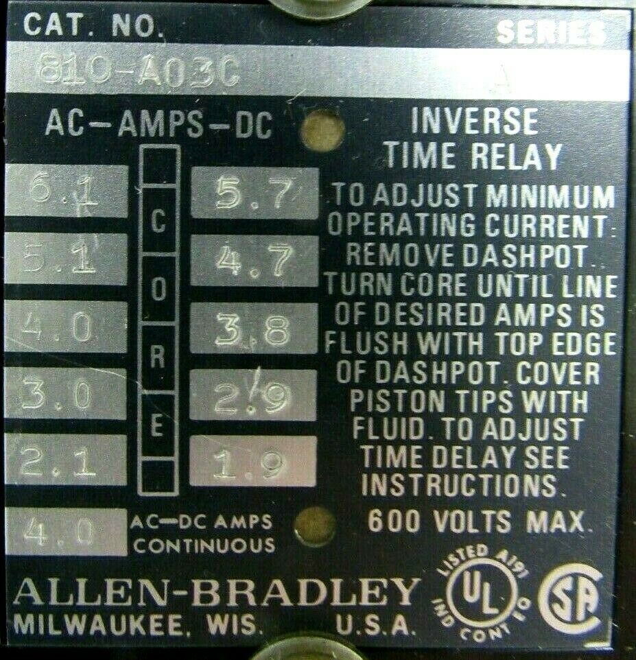 NEW ALLEN BRADLEY 810-A03C INVERSE TIME RELAY SERIES A 810A03C - SB ...