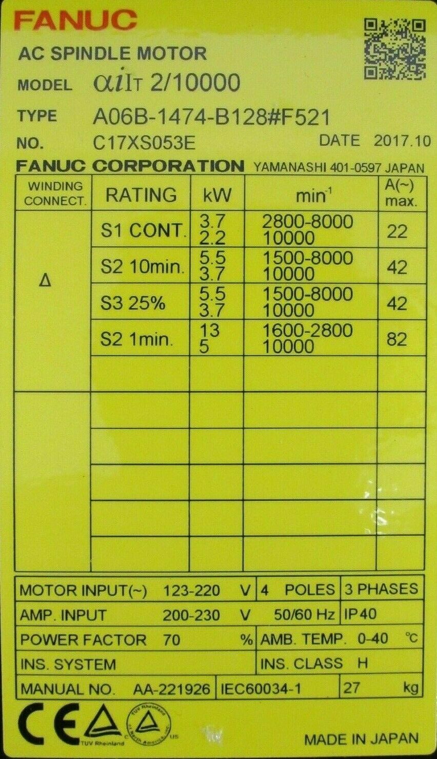 NEW FANUC A06B-1474-B128#F521 AC SPINDLE MOTOR 2/10000 A06B1474B128F521 ...
