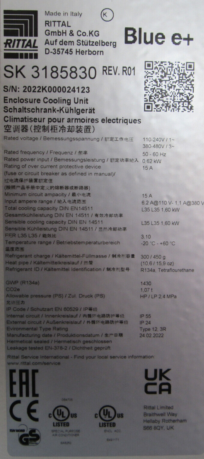 NEW RITTAL SK 3185830 COOLING UNIT BLUE E+ (SEE DESCRIPTION) - SB ...