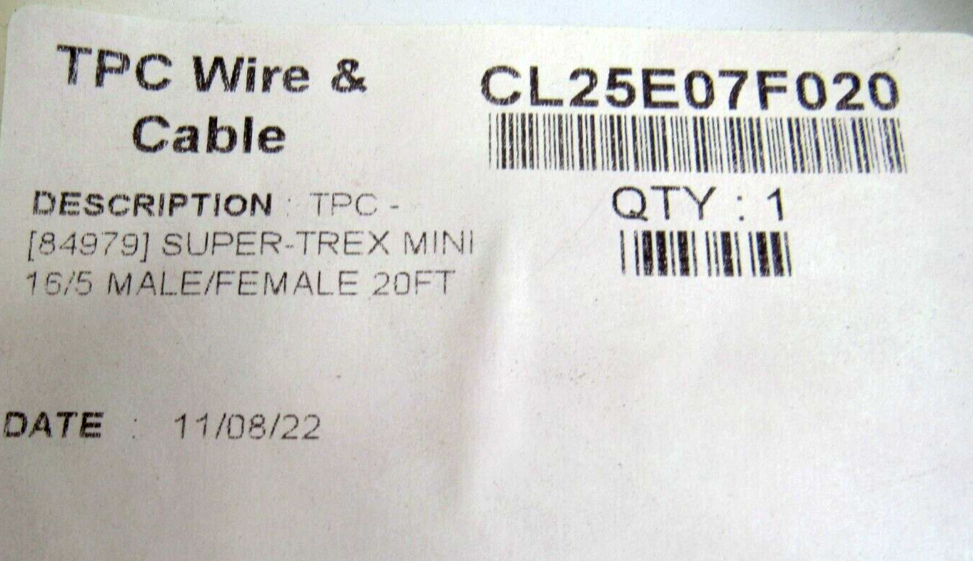 NEW TPC WIRE & CABLE CL25E07F020 SUPER-TREX MINI 16/5 MALE/FEMALE 84979 ...