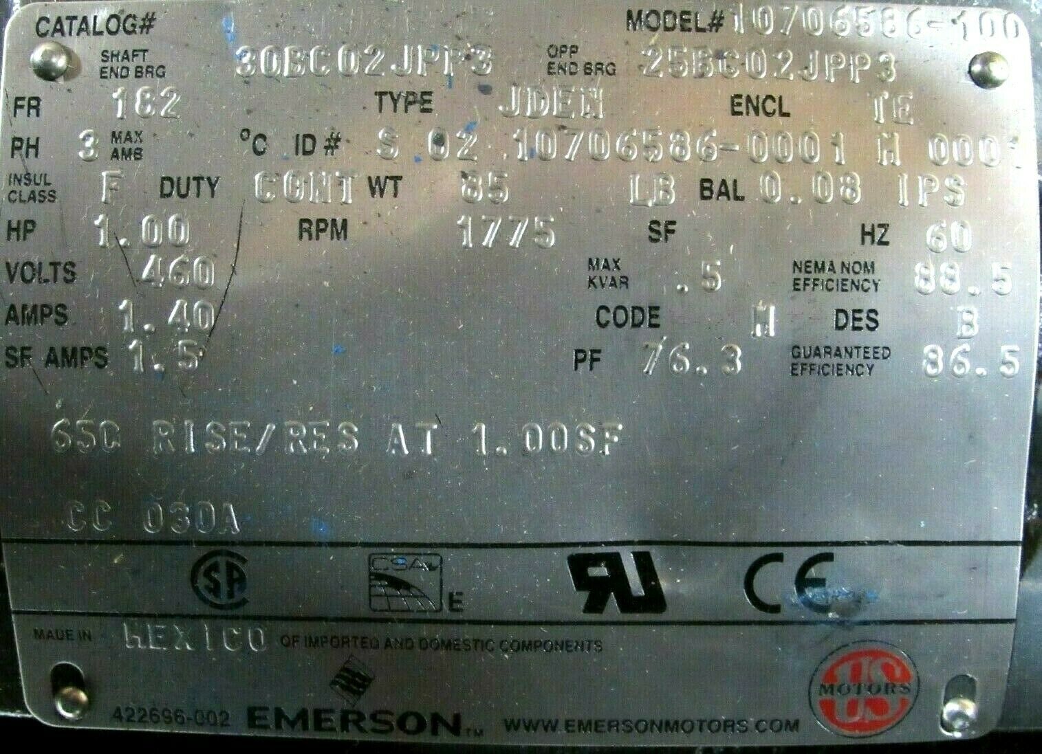 NEW US MOTORS 10706586-100 MOTOR WITH BRAKE 1HP 460V 7/8" DIA ...