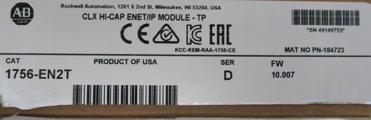 ALLEN BRADLEY 1756-EN2T COMMUNICATION MODULE SER D FW10.007 1756EN2T ...