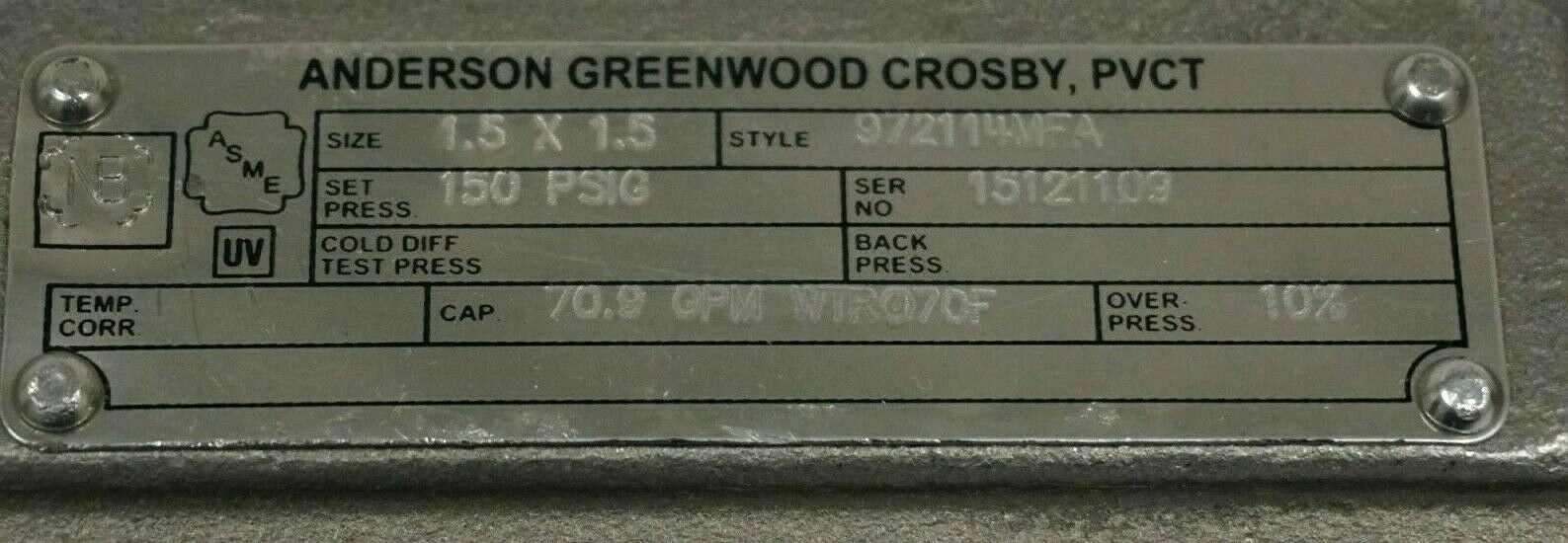 NEW ANDERSON GREENWOOD CROSBY 972114MFA 70.9-GPM-WTRO70F PRESSURE ...
