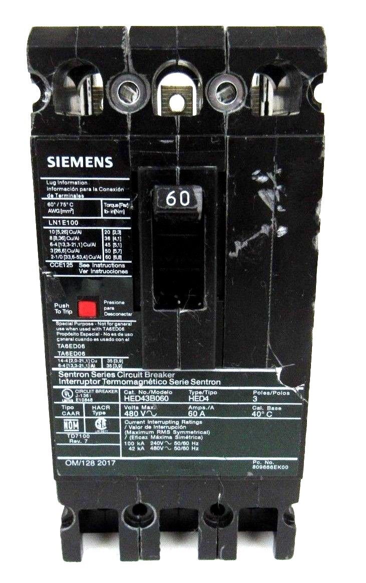 USED SIEMENS HED43B060 CIRCUIT BREAKER 60A 480V - SB Industrial Supply ...