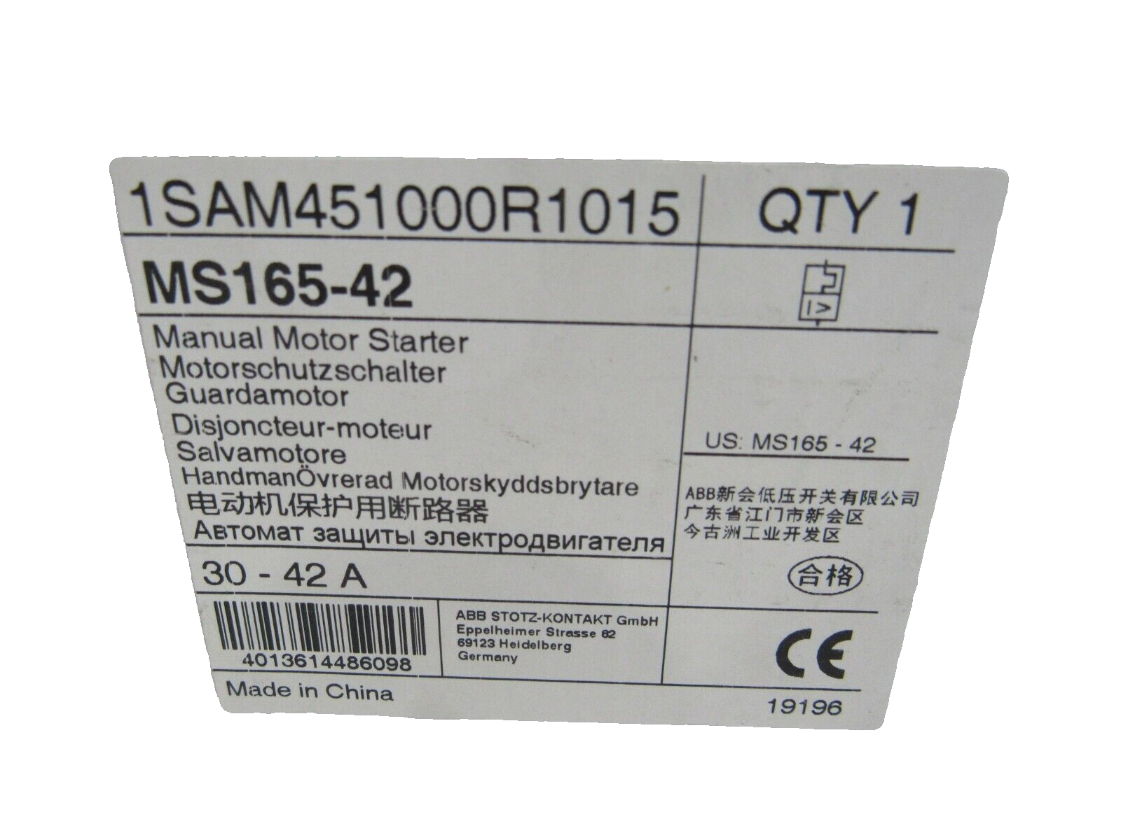 NEW ABB MS165-42 MOTOR STARTER MS16542 30-42 A 1SAM451000R1015 - SB ...