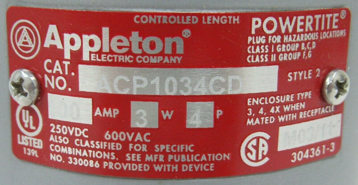 NEW APPLETON ACP1034CD POWERTITE PLUG 100A - SB Industrial Supply, Inc.