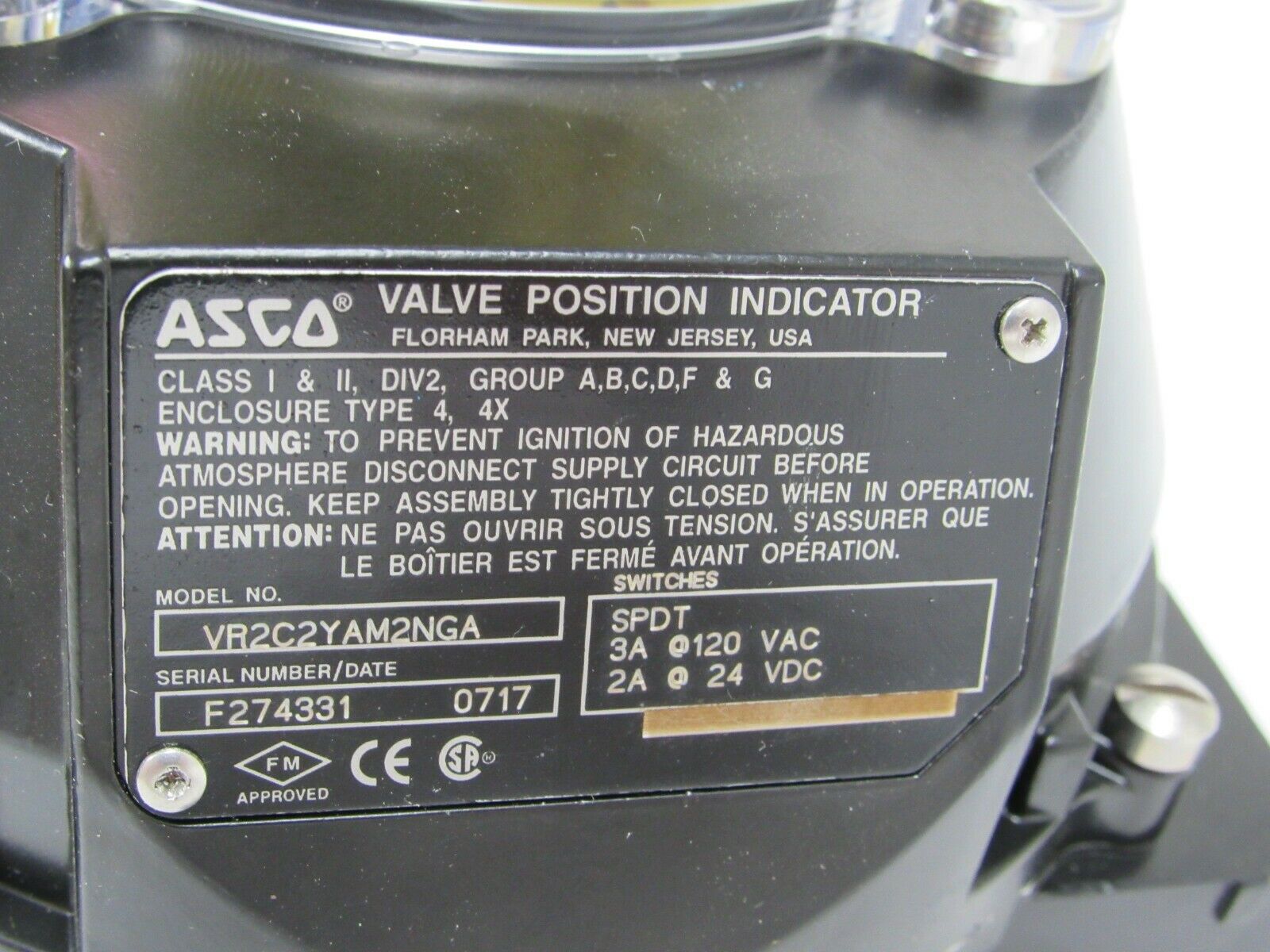 NEW ASCO VR2C2YAM2NGA VALVE POSITION INDICATOR - SB Industrial Supply, Inc.