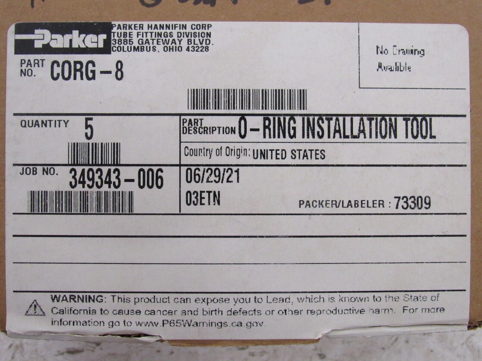 NEW BOX OF 5 PARKER CORG-8 O-RING INSTALLATION TOOL CORG8 - SB ...