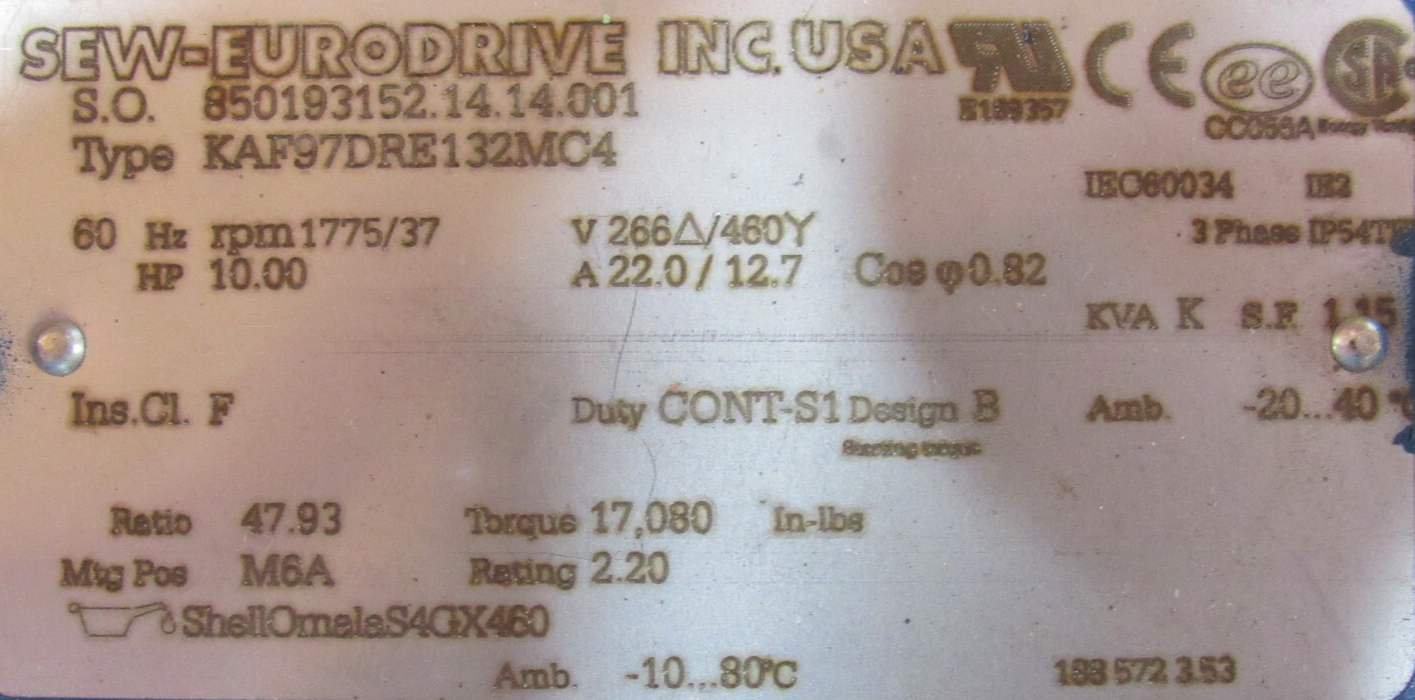 NEW SEW EURODRIVE KAF97DRE132MC4 GEARMOTOR 47.93:1 10HP 266/460V - SB ...