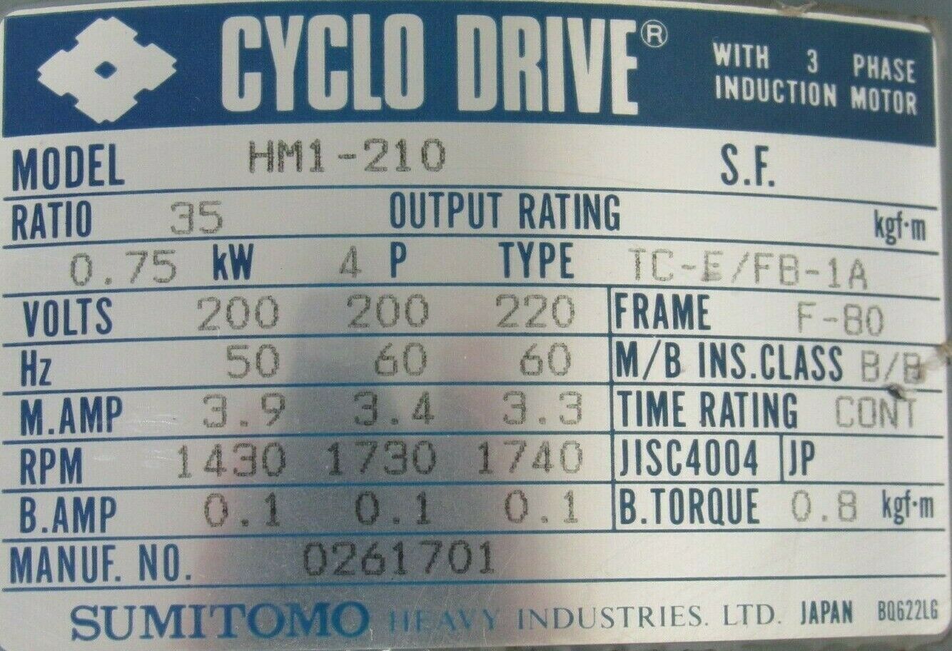 NEW SUMITOMO HM1-210 GEAR MOTOR HM1210 RATIO 35:1 TC-F/FB-1A - SB ...