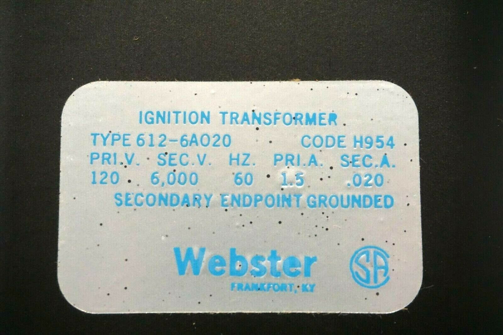 NEW WEBSTER 612-6A020 IGNITION TRANSFORMER 6126A020 - SB Industrial ...