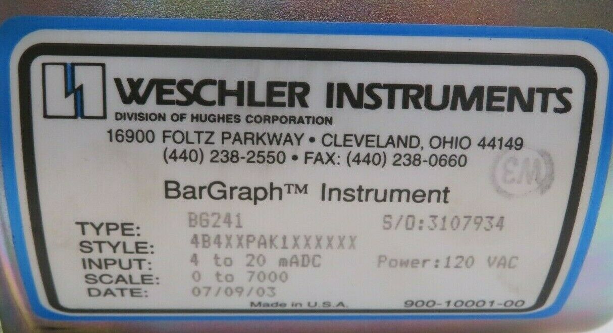 NEW WESCHLER INSTRUMENTS BG241 BAR GRAPH METER 120VAC 4B4XXPAK1XXXXXX ...