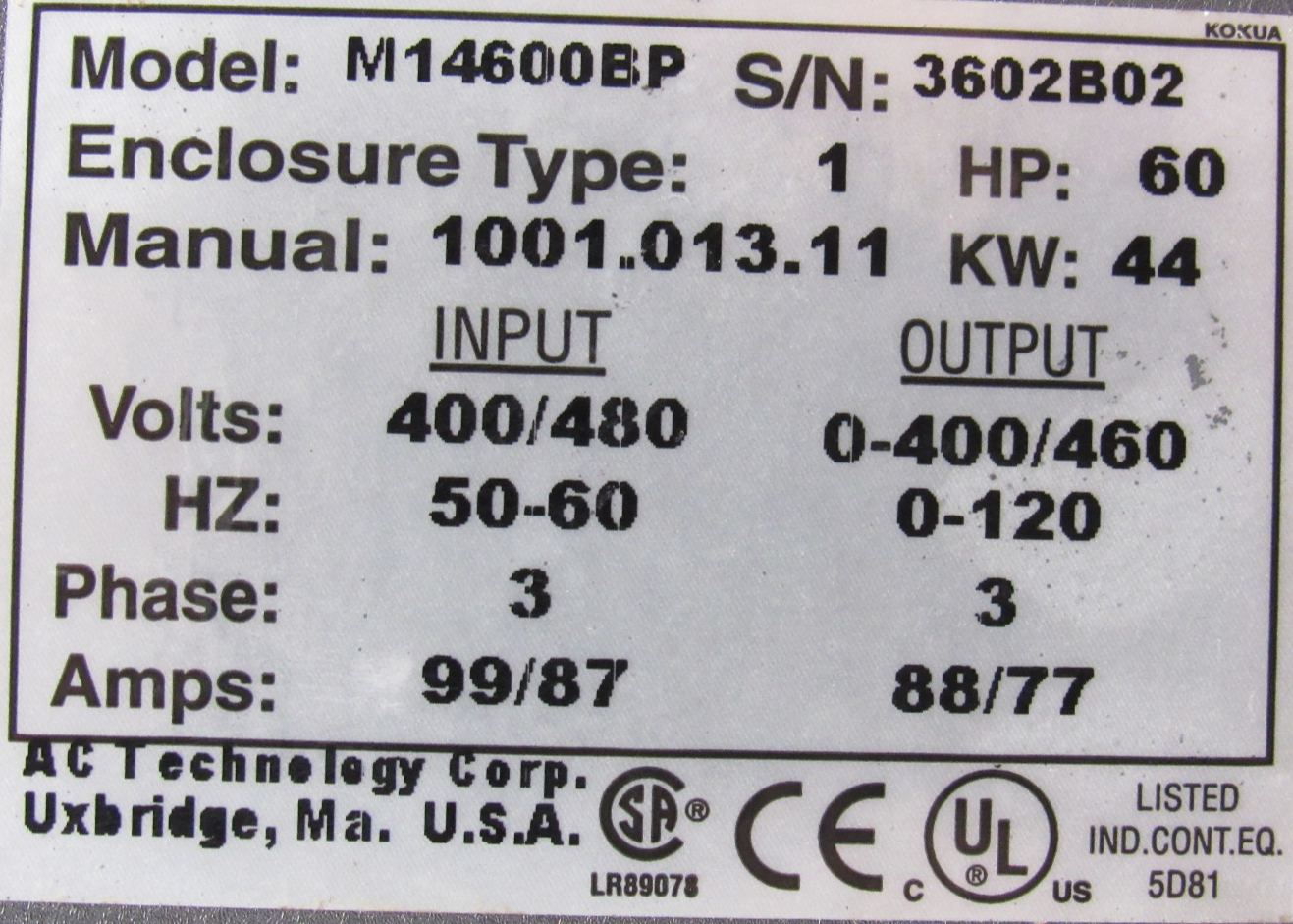 USED LENZE M14600BP DRIVE 60HP INCLUDES 840-031 REMOTE KEYPAD/DISPLAY ...