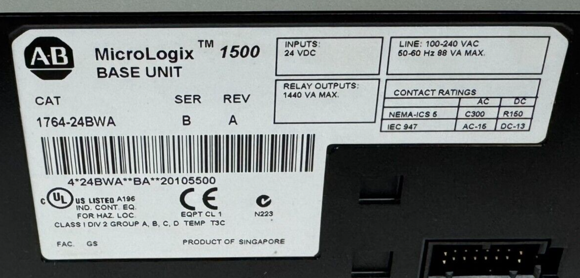 ALLEN BRADLEY 1764-24BWA MICROLOGIX 1500 BASE UNIT SER. B W/ 1764-LRP ...