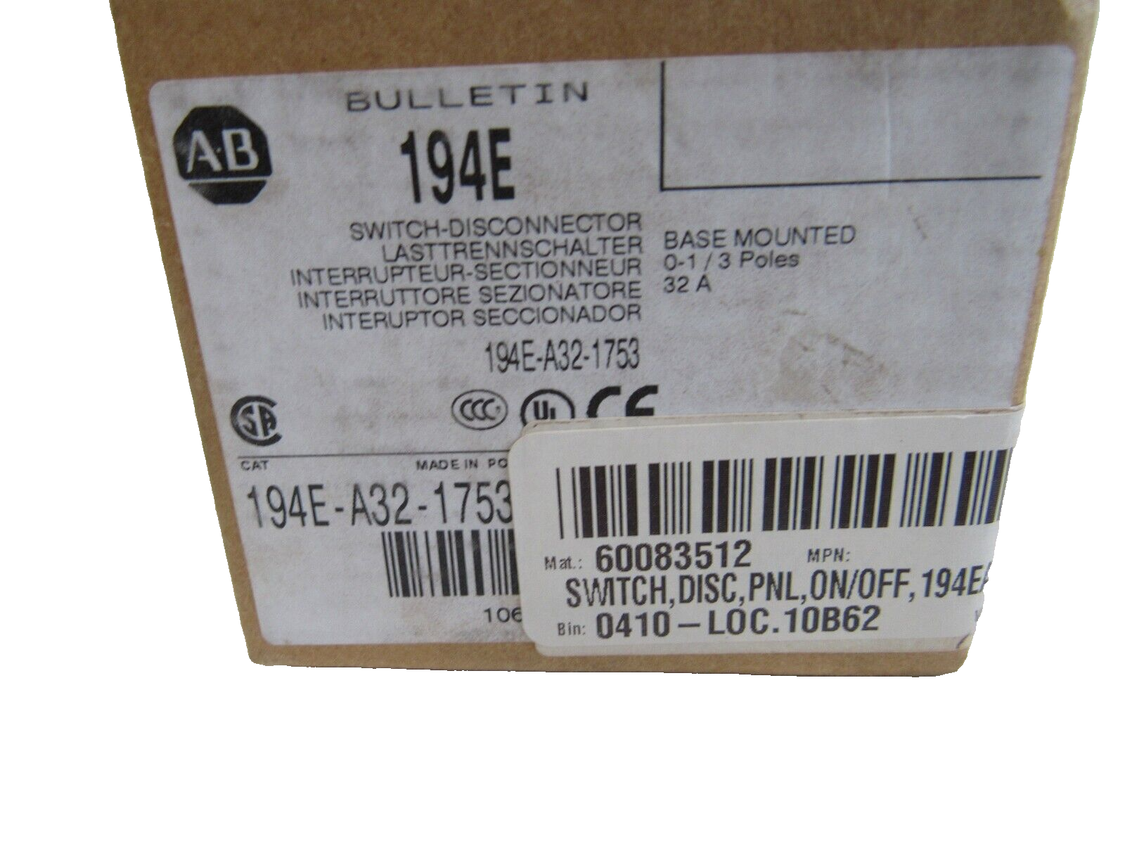 ALLEN BRADLEY 194E-A32-1753 LOAD SWITCH 194EA321753 NEW, SURPLUS - SB ...