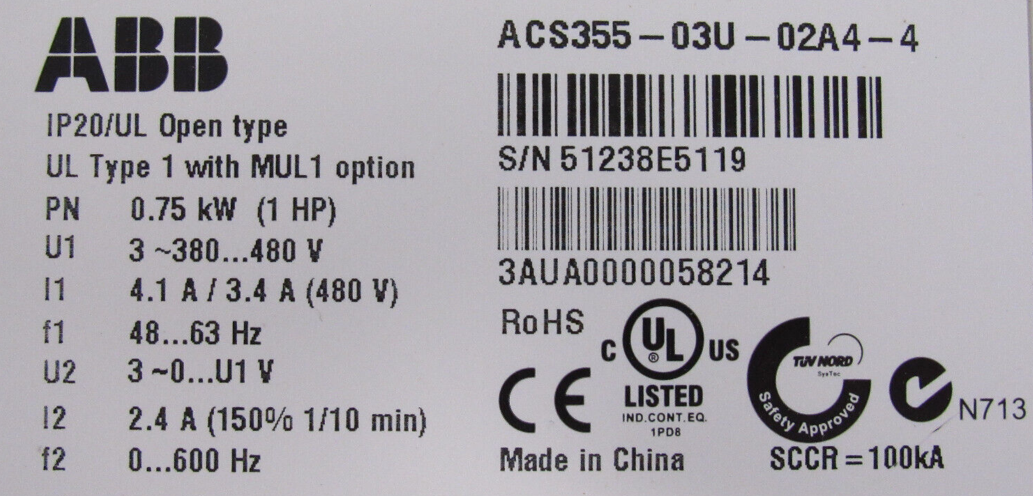 NEW ABB ACS355-03U-02A4-4 DRIVE 1 HP 2.4 A 380-480 VAC 3 PHASE ...