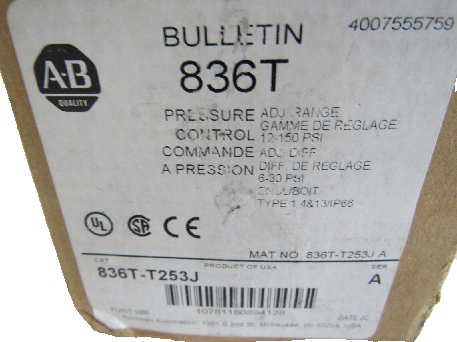 NEW ALLEN BRADLEY 836T-T253J PRESSURE SWITCH SER.A 836TT253J - SB ...