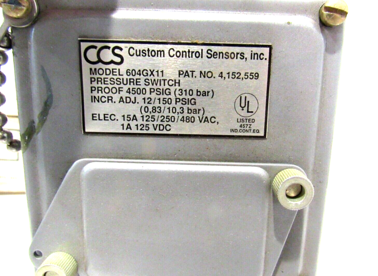NEW CUSTOM CONTROL SENSORS 604GX11 PRESSURE SWITCH - SB Industrial ...