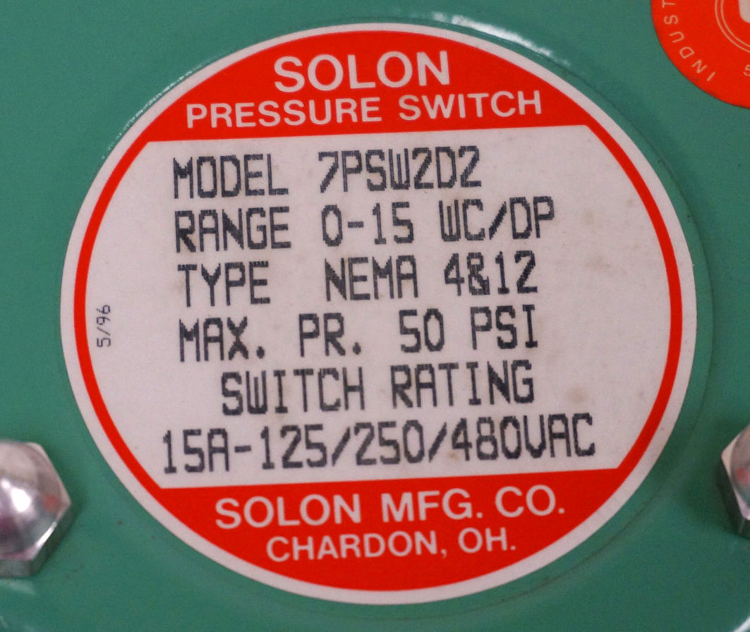 NEW SOLON 7PSW2D2 PRESSURE SWITCH 0-15 WC/DP - SB Industrial Supply, Inc.