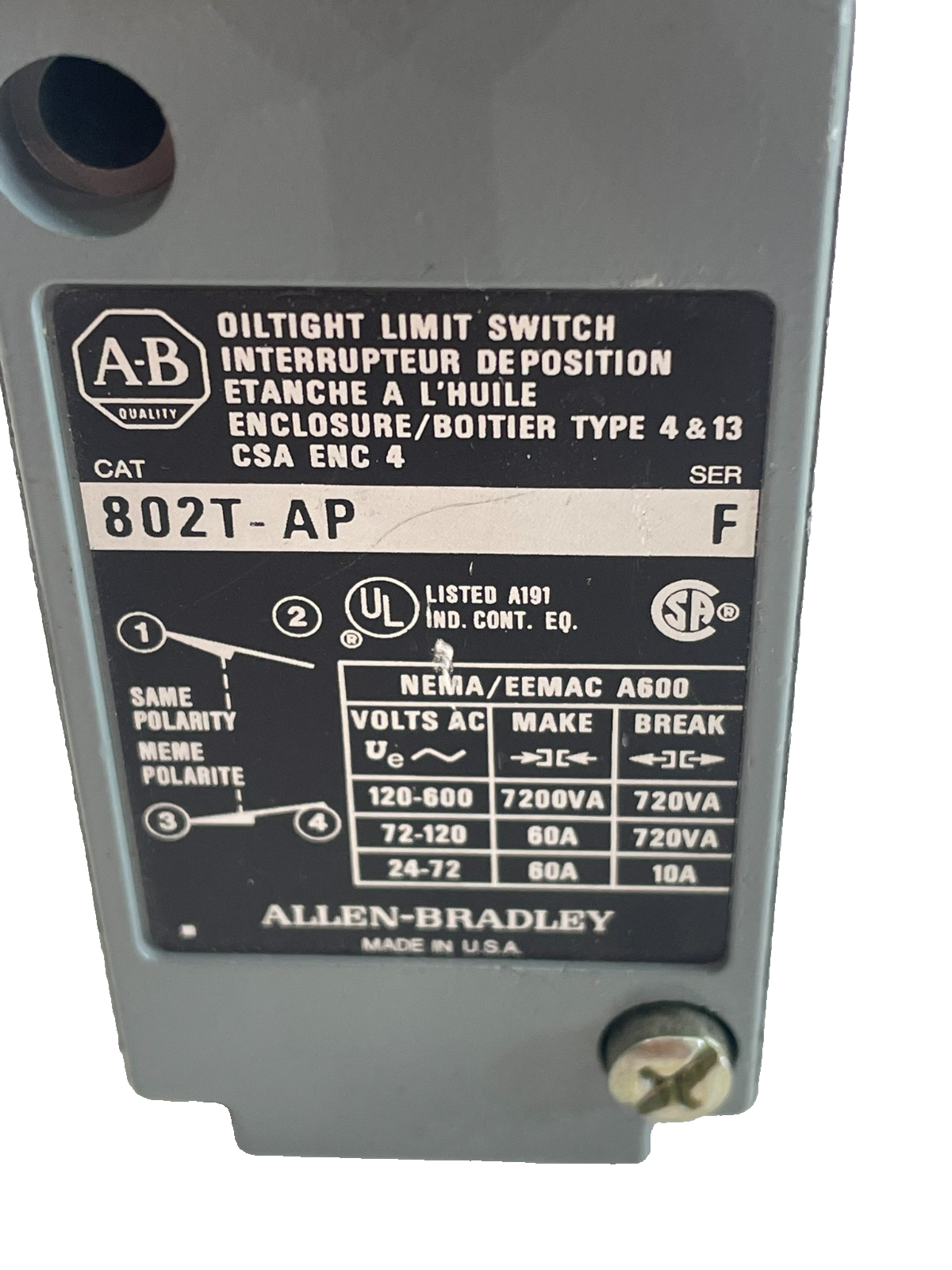 ALLEN BRADLEY 802T-AP LIMIT SWITCH SER F 802TAP NEW, SURPLUS - SB ...