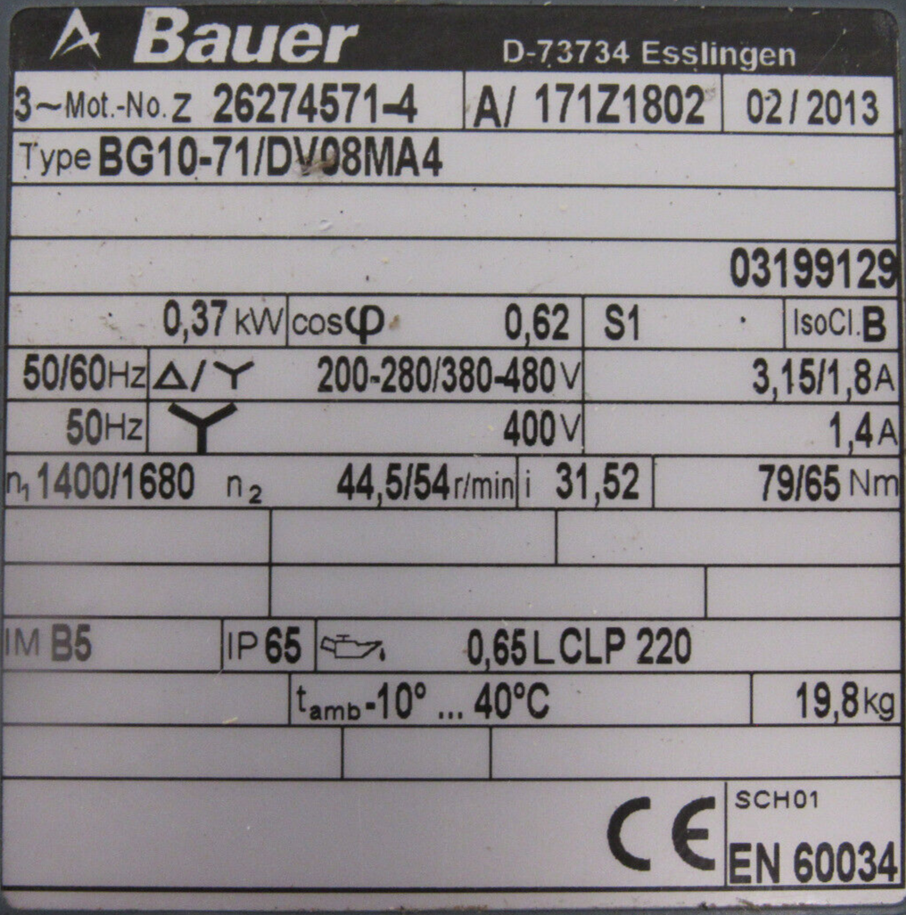 NEW BAUER BG10-71/DV08MA4 GEARMOTOR BG1071DV08MA4 - SB Industrial ...