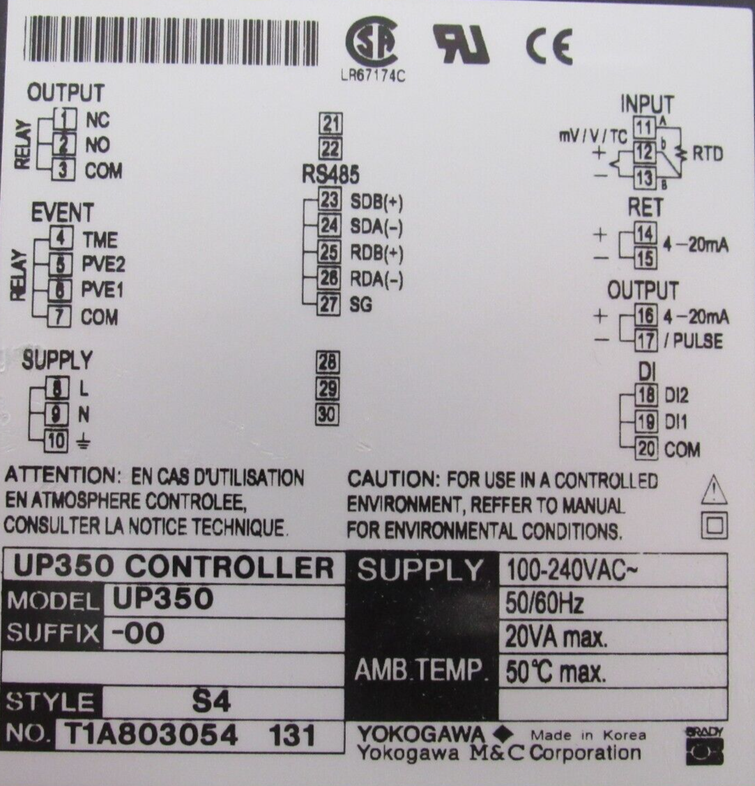 NEW YOKOGAWA UP350-00 TEMPERATURE CONTROLLER UP35000 - SB Industrial ...