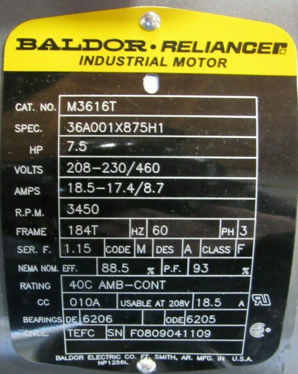 NEW BALDOR M3616T MOTOR 7.5HP 3450 RPM 184T 208-230/460V 36A001X875H1 ...