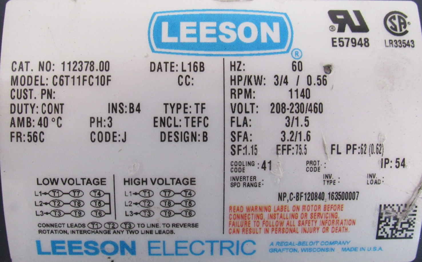 NEW LEESON 112378.00 MOTOR 3/4HP 1140RPM 208-230/460V 5/8" DIA. - SB ...
