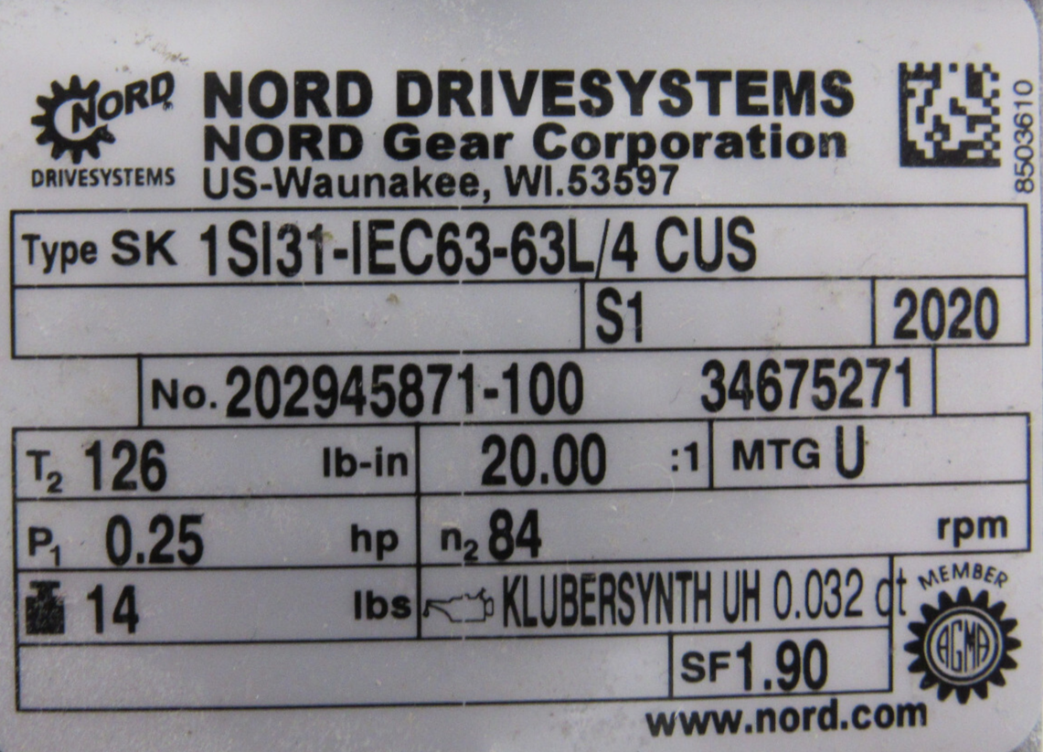 NEW NORD SK1SI31-IEC63-63L/4 CUS GEAR MOTOR 20:1 SK63L/4 CUS ...