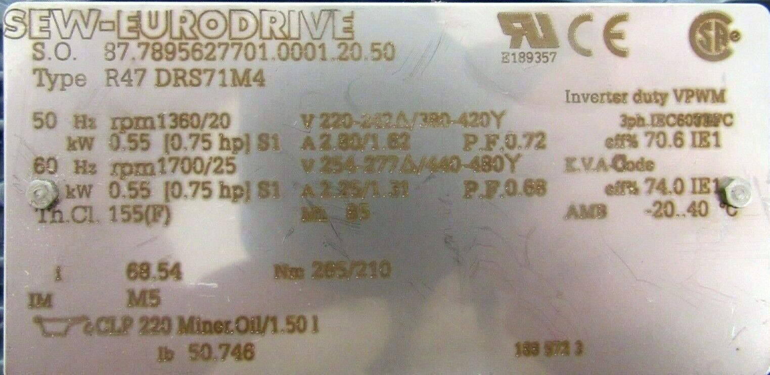 NEW SEW EURODRIVE R47 DRS71M4 GEARMOTOR R47DRS71M4 - SB Industrial ...
