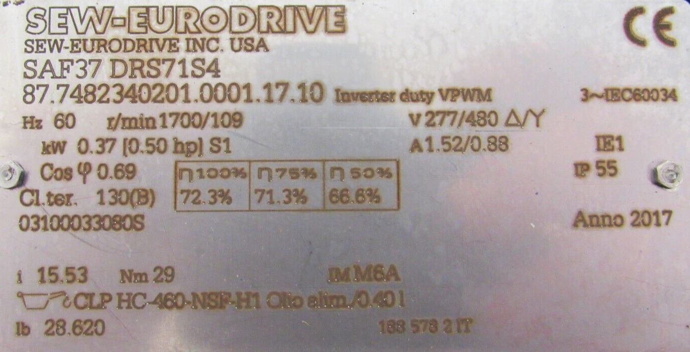 NEW SEW EURODRIVE SAF37 DRS71S4 GEARMOTOR 15.53 277/480V SAF37DRS71S4 ...